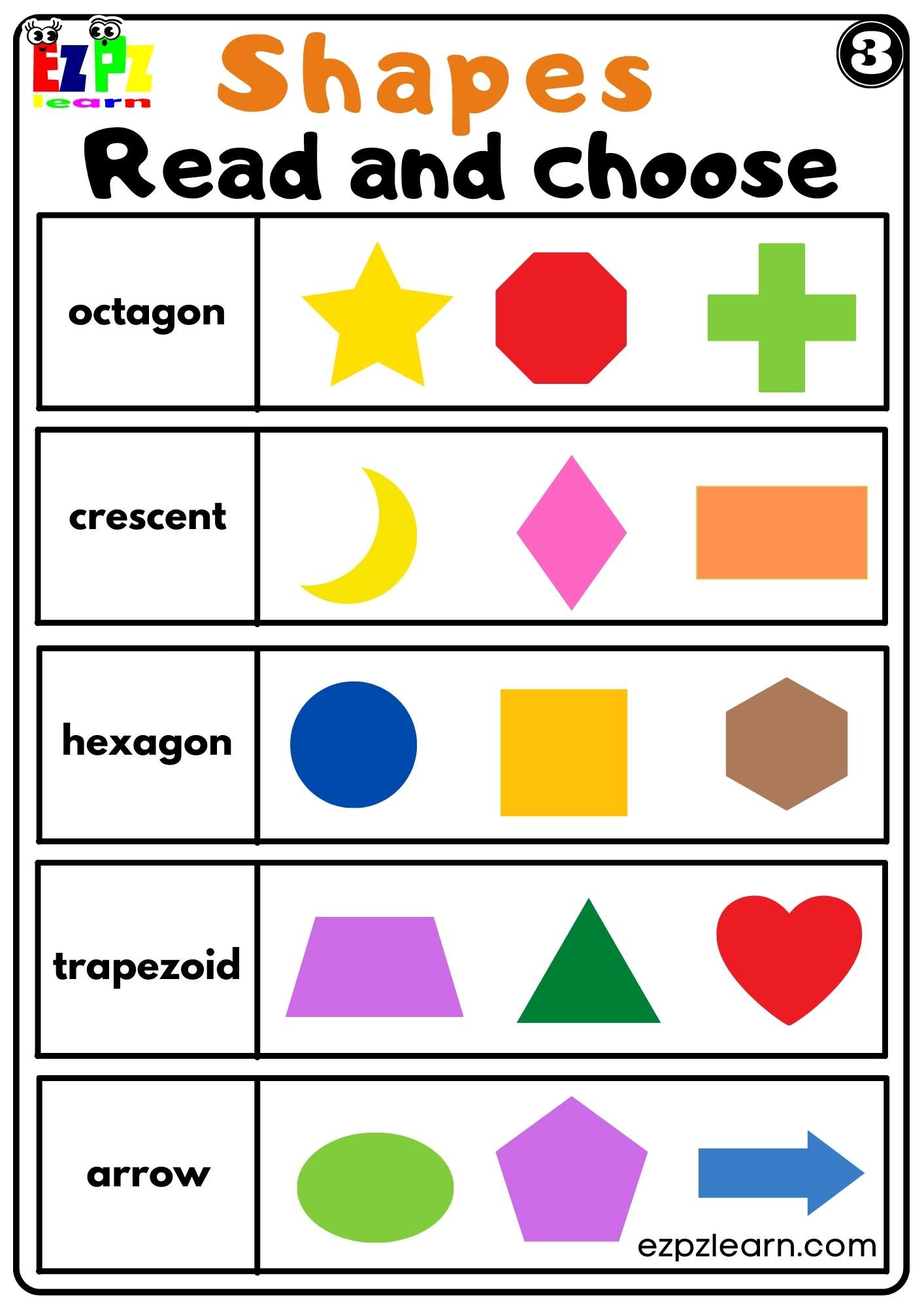 Shapes Read and Choose Worksheet for Home Schooling Kindergarten and ESL Set3 PDF Download ...